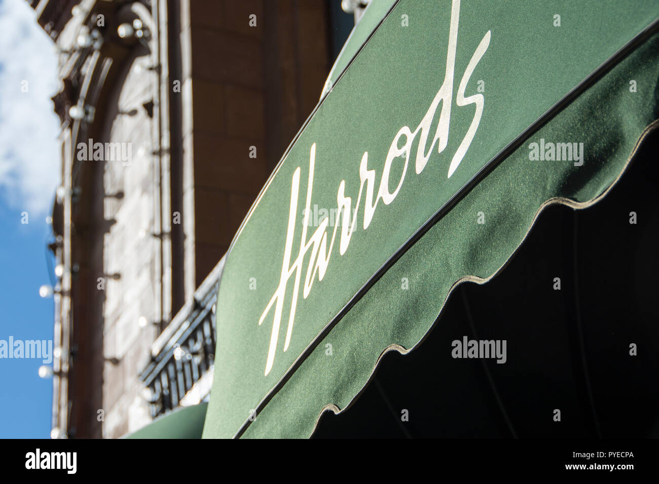 Harrods department store awnings in trademark green in Knightsbridge ...