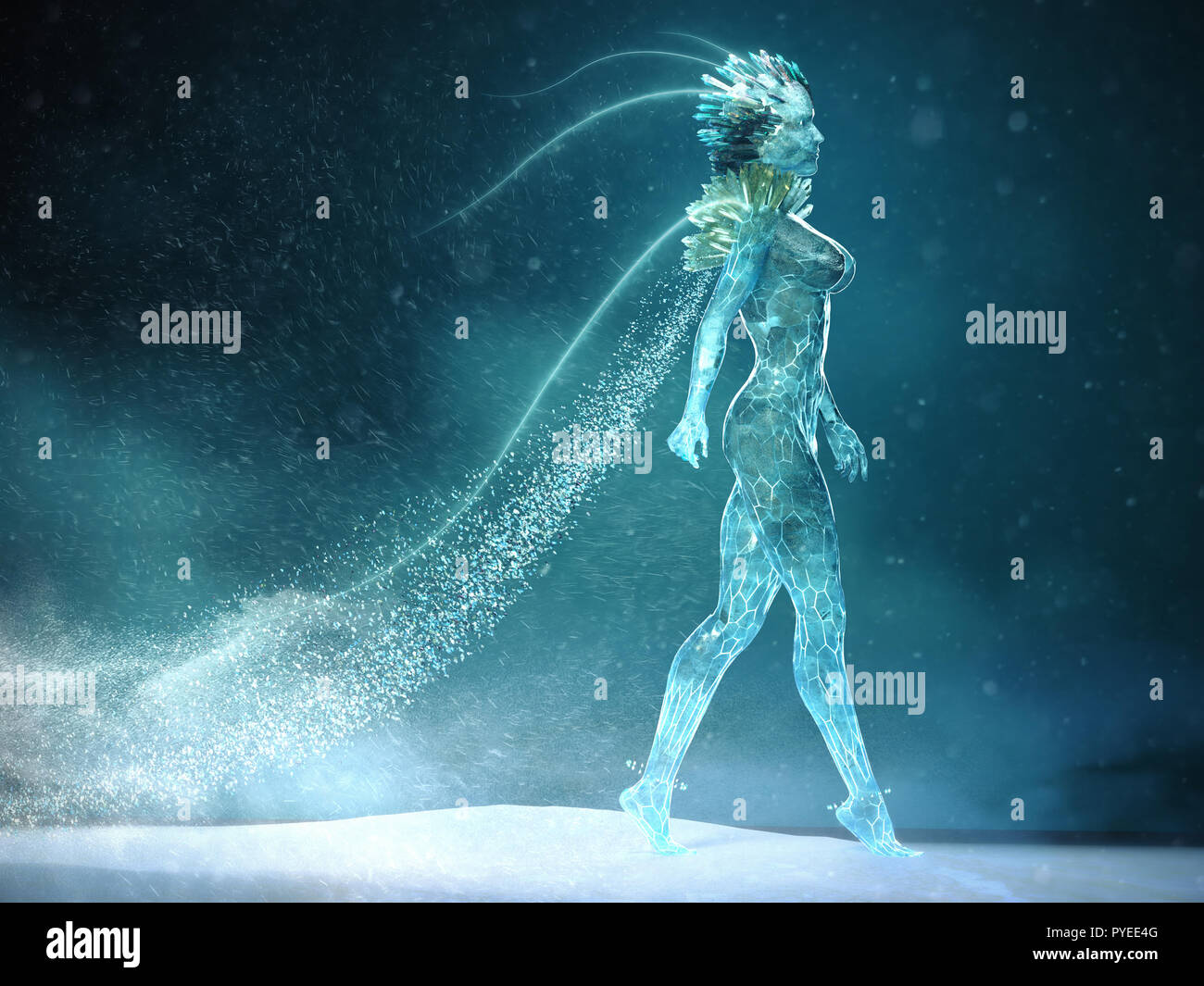 3d illustration of beautyful ice woman with glowing crystal crown and ...