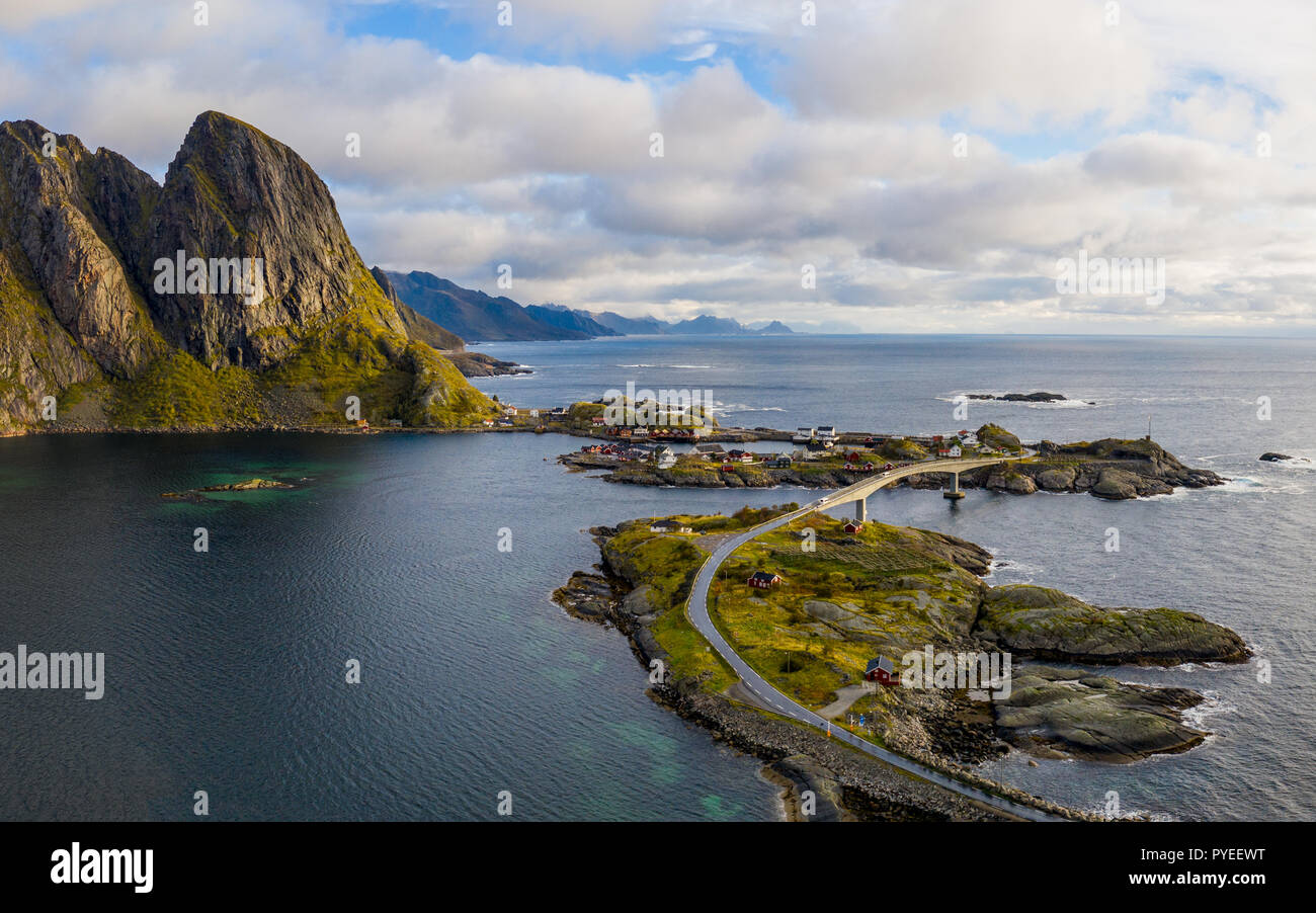 Aerial panorama of Lofoten Archipelago with view of Hamnoy and Lofoten ...