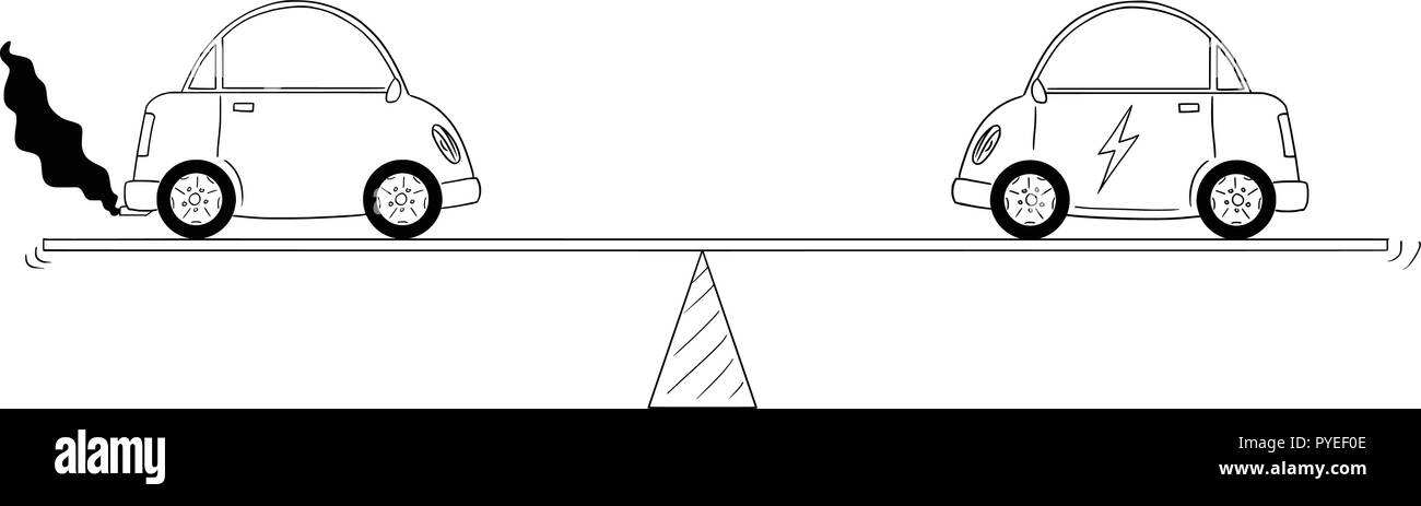 Cartoon of Fuel and Electric Cars Measured on Balance Scale Stock ...
