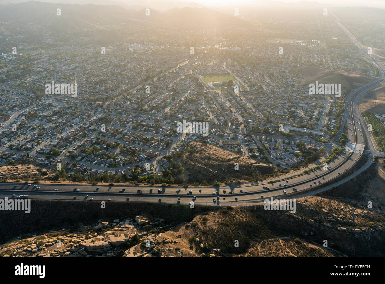 Aerial view of suburban streets, houses and route 118 Freeway near Los ...