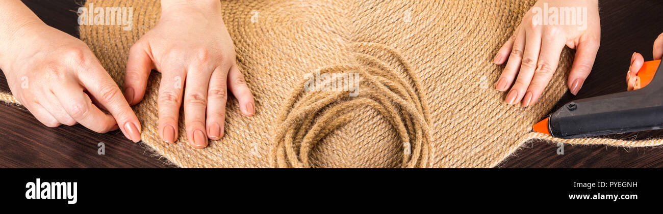 making handmade carpets from a rope close-up, photo collage Stock Photo ...