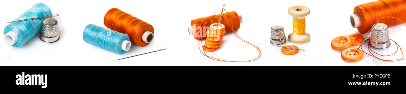 Thread with needle and thimble, photo set on white isolated background ...