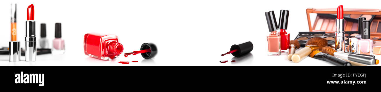 set of decorative cosmetics, photo collage on a white isolated ...