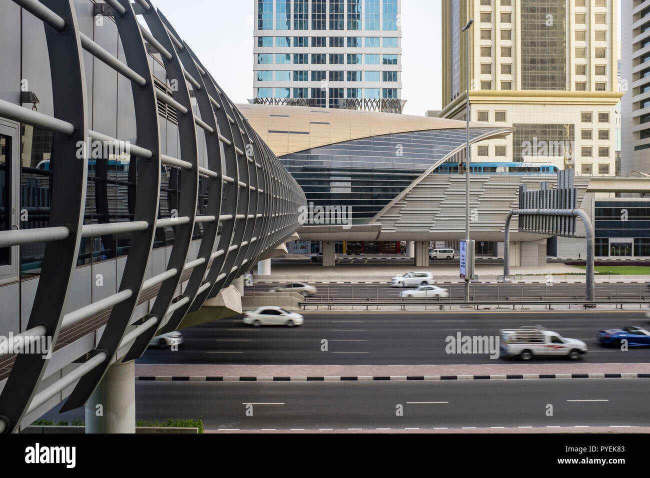 Emirates Towers Metro station, spanning the Sheikh Zayed Road, Dubai ...