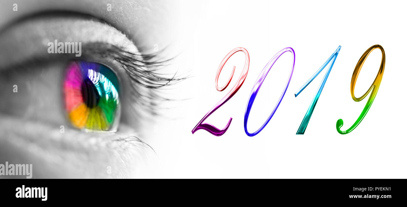 2019 and colorful rainbow eye header, 2019 new year greetings concept ...