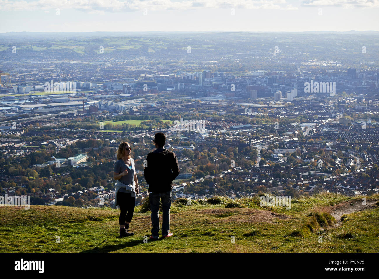 tourist couple on mcarts fort at the top of Cave Hill overlooking ...