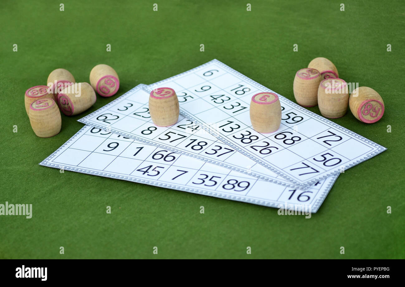 The game of bingo consists of cards and barrels with numbers on a green ...