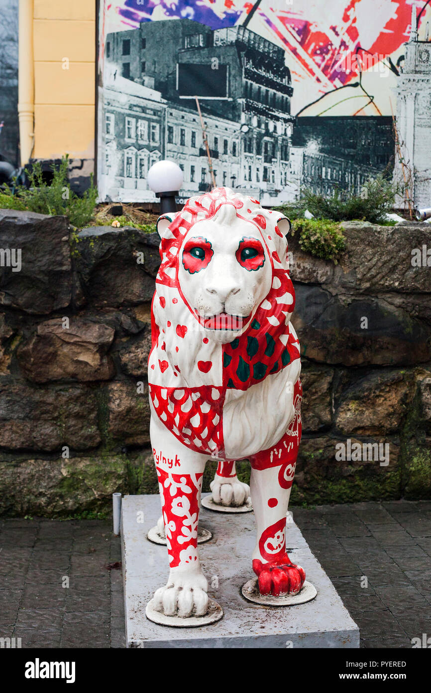 Lviv, Ukraune - 24 December 2017: Lion painted sculpture standing on ...