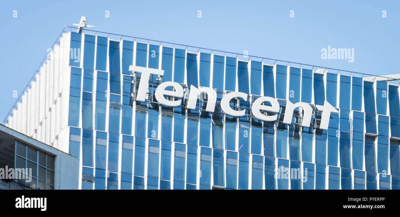 SHENZHEN, CHINA, JANUARY 9 2018: Logo of Tencent on the skyscraper of ...