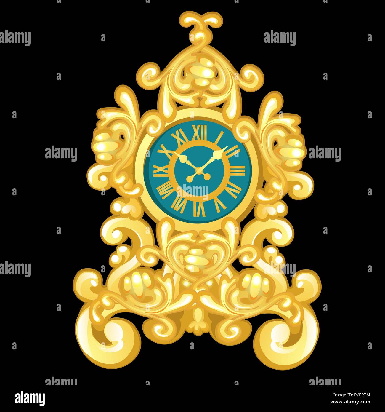 Vintage golden cartoon table clock isolated on the black background ...