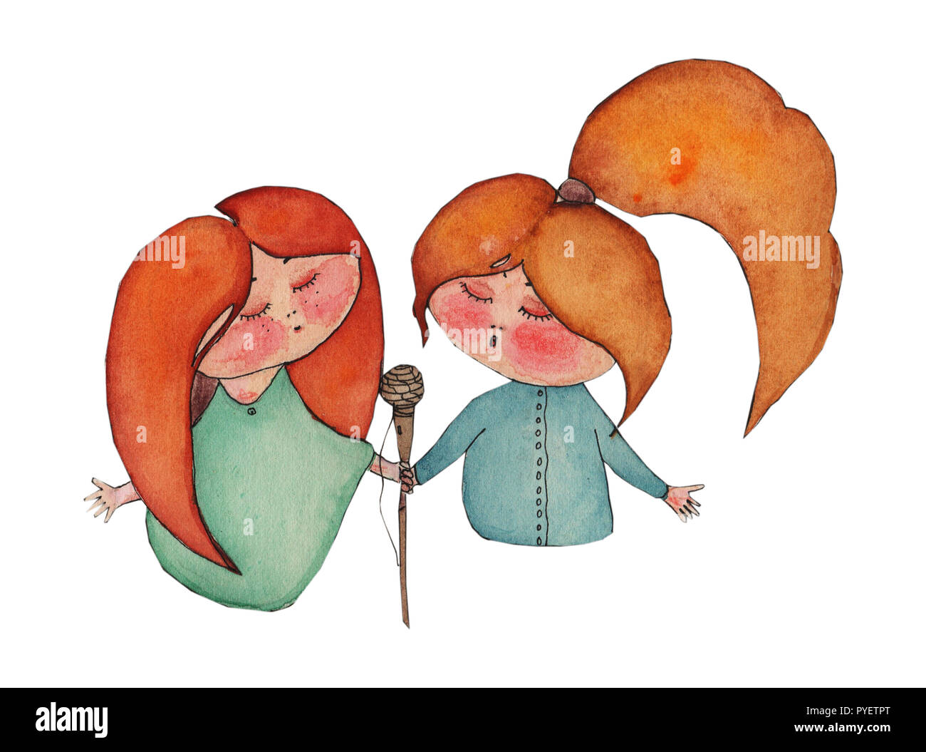 watercolor illustration of two singing girls dressed on bright shirts ...