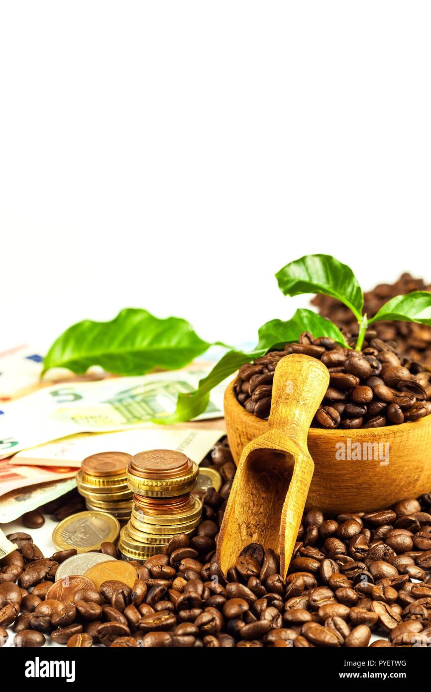 Coffee beans and money. Fair Trade. Sale of coffee. Commodity trade ...