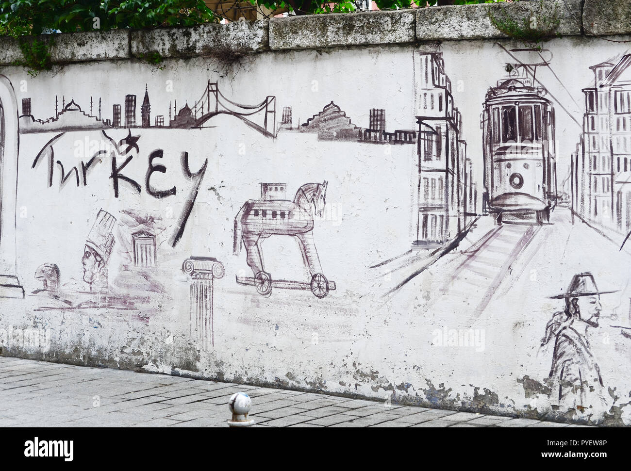 Istanbul, TURKEY September 25 - 2018. Graffiti with symbols of Istanbul ...