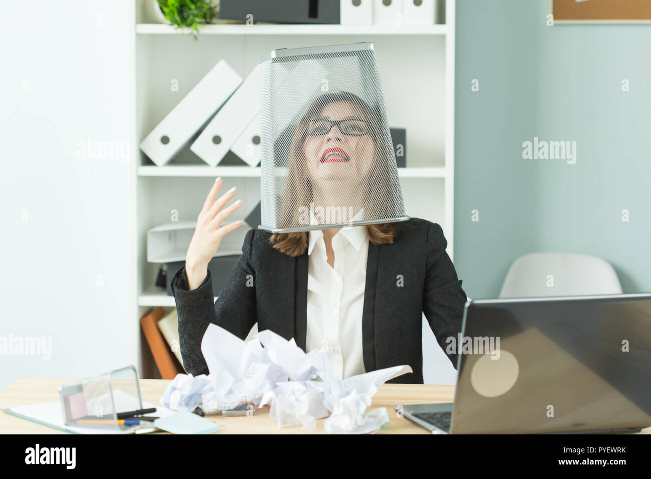 Stress, office, people concept - woman worker with a lot of work ...