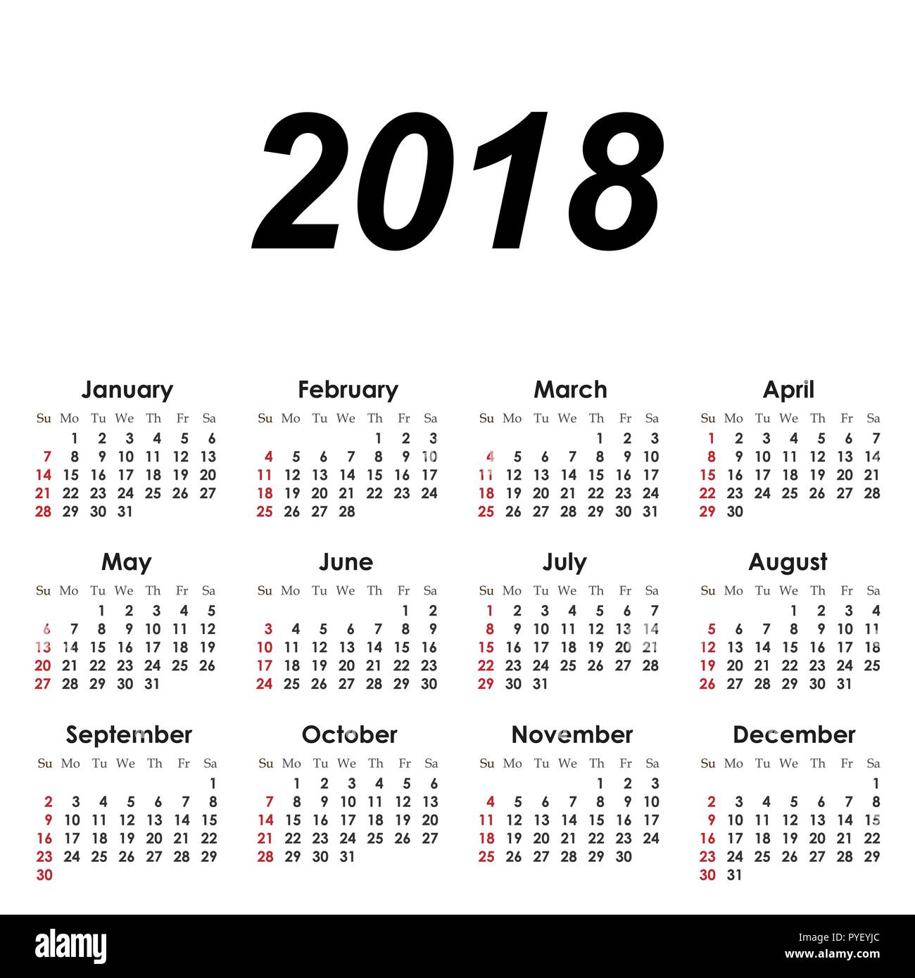 Simple calendar Layout for 2018 year, vector, illustration Stock Vector ...