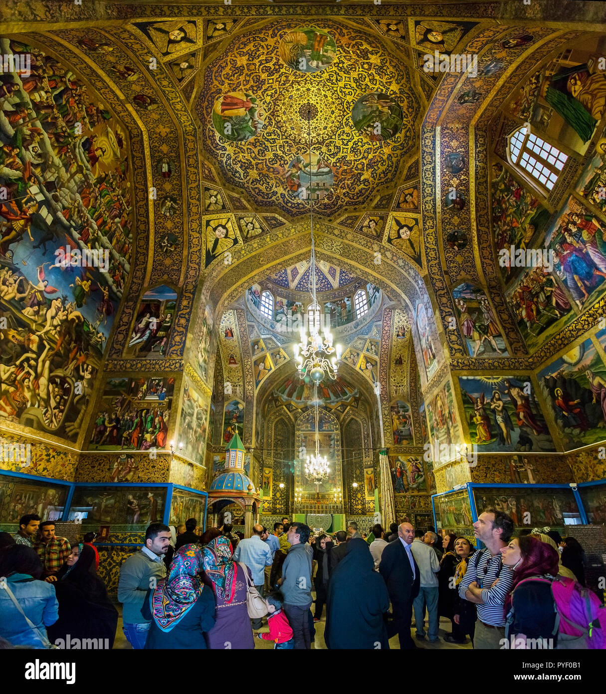The interior view of the Vank Cathedral in Isfahan, Iran, is covered with fine frescos and ...