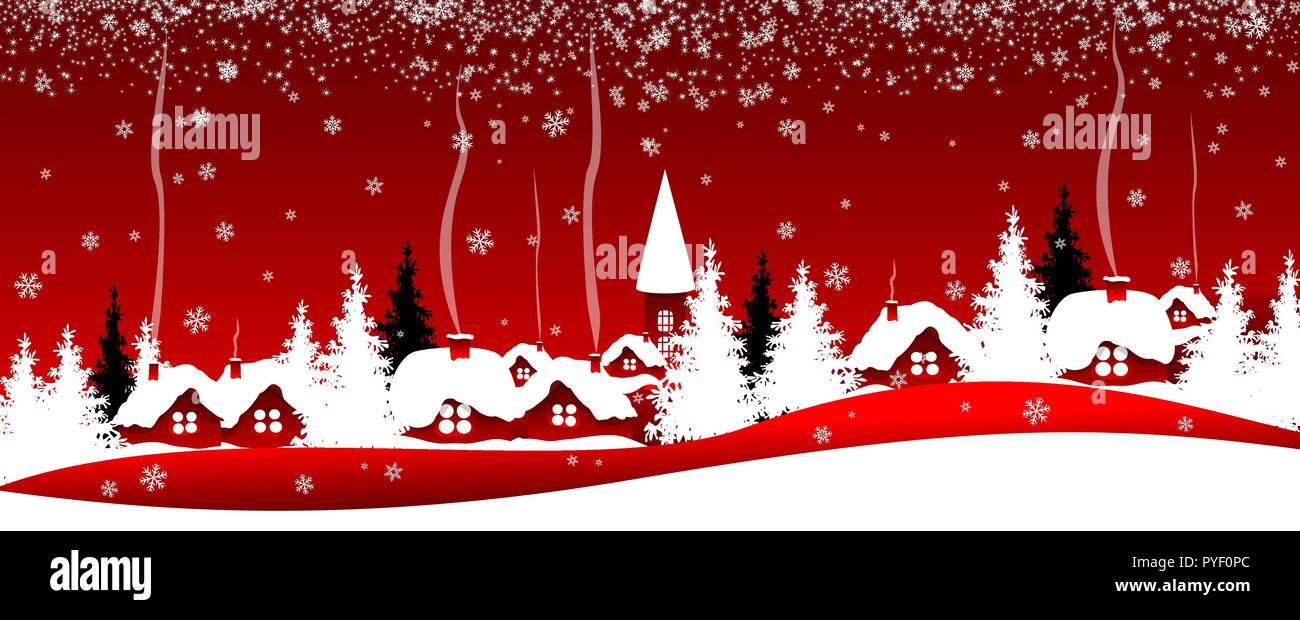 Winter red banner. Snowfall over the village. Landscape snow-covered ...