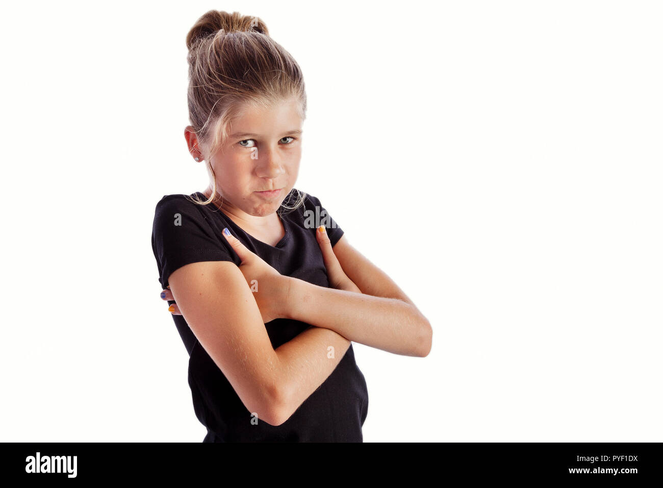 Young girl with black shirt isolated on white background with hands ...
