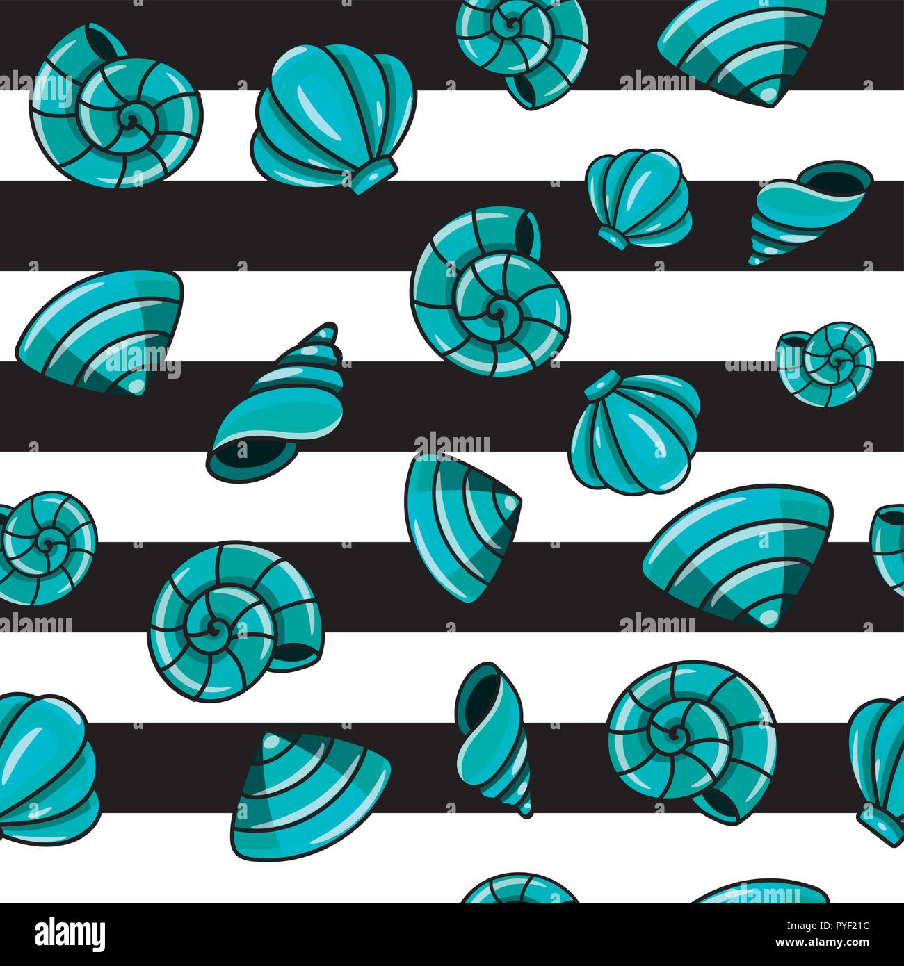 Ocean seamless pattern with colorful seashells on black and white ...