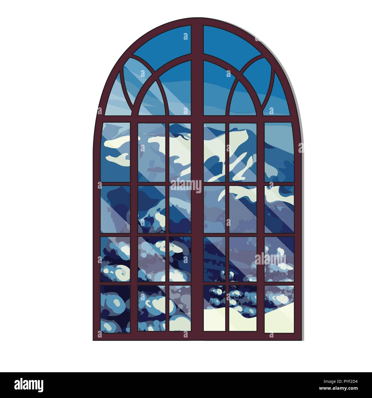 The window overlooking the snow-capped mountains in winter isolated on ...