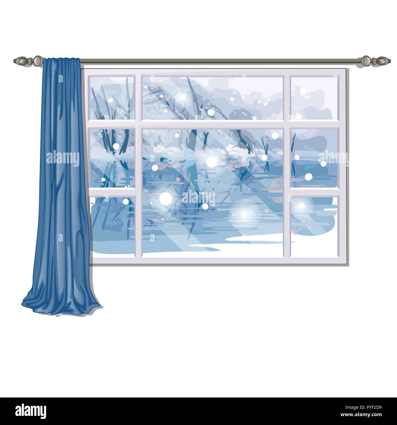 The window overlooking the forest river in winter isolated on white ...