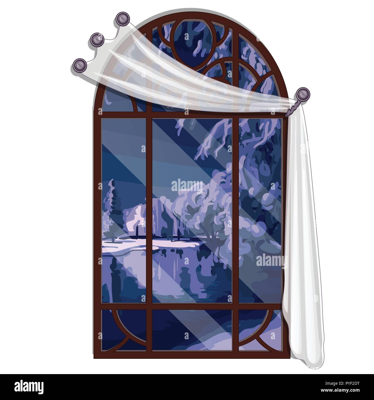 The window overlooking the forest river in winter evening isolated on ...