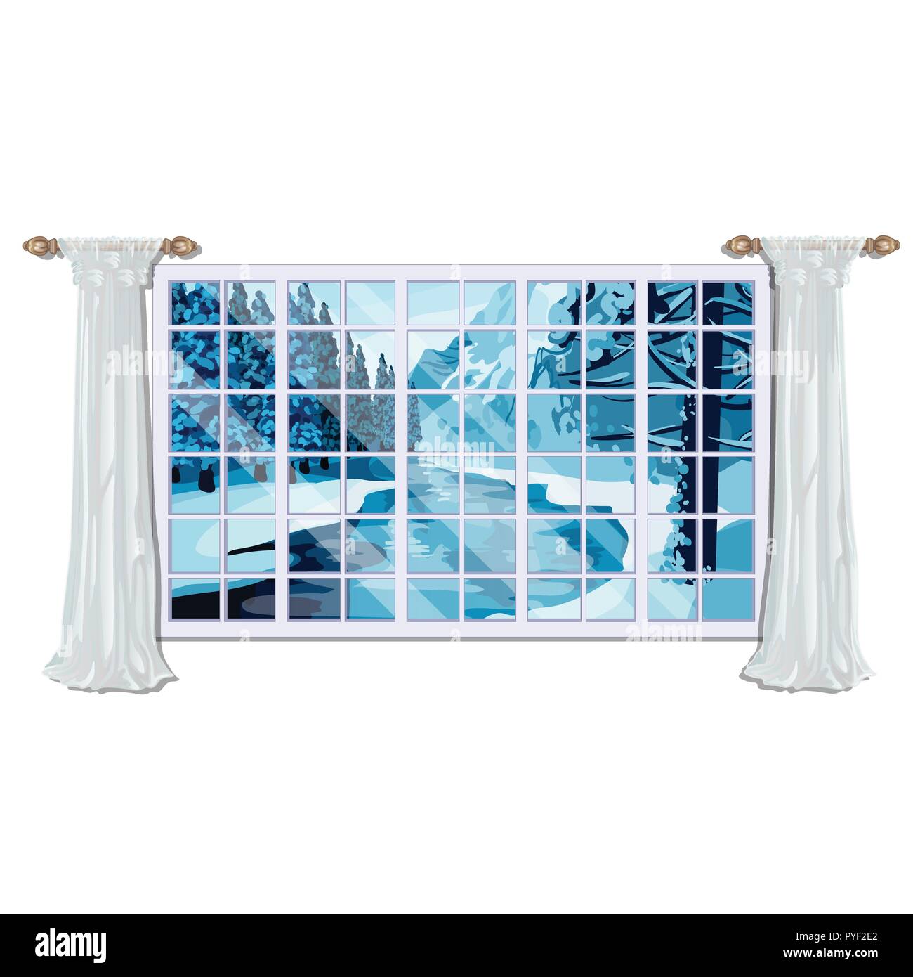 The window overlooking the forest river in winter isolated on white ...