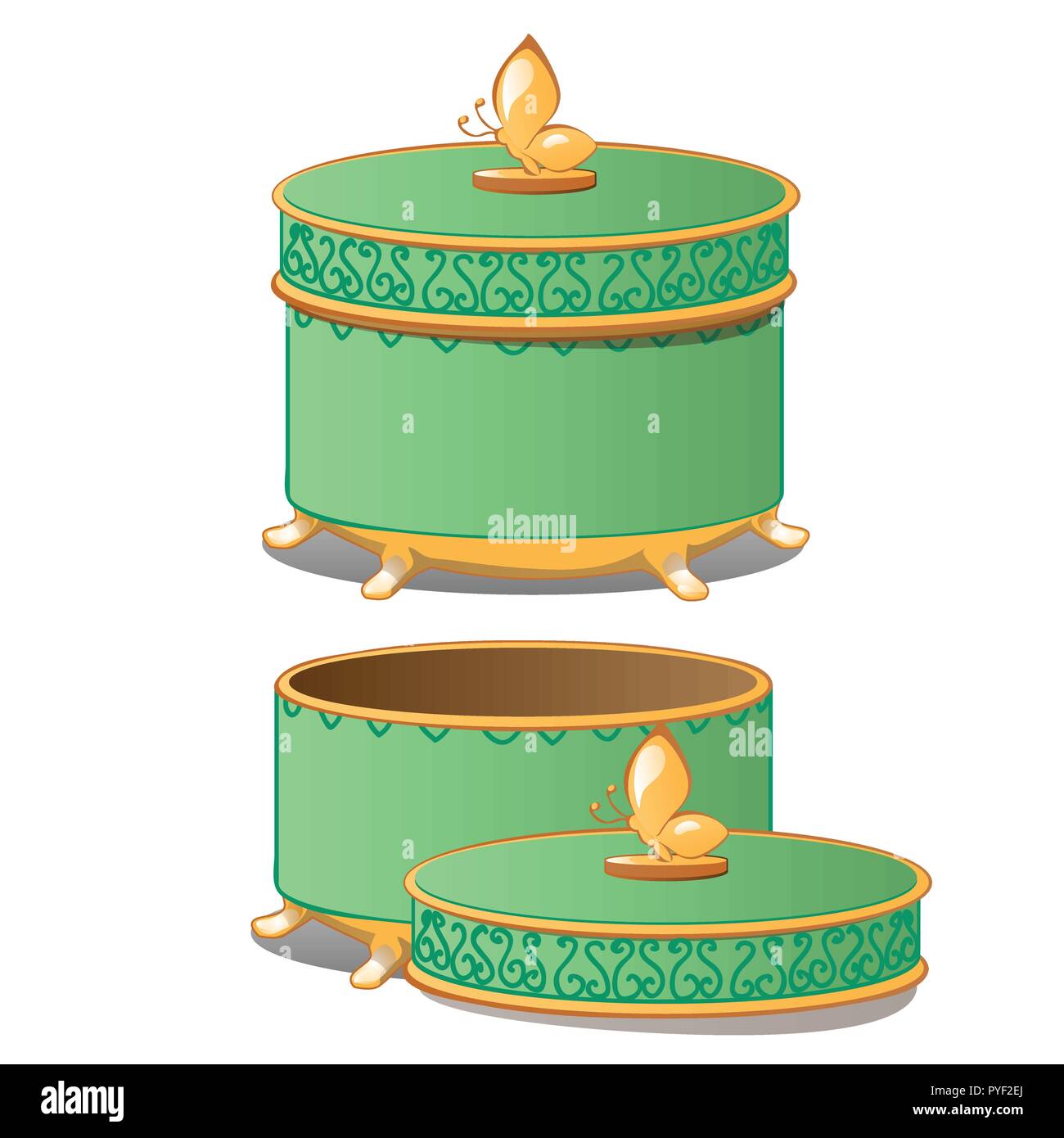 Set of closed and opened round ornate gift boxes with lids green color ...
