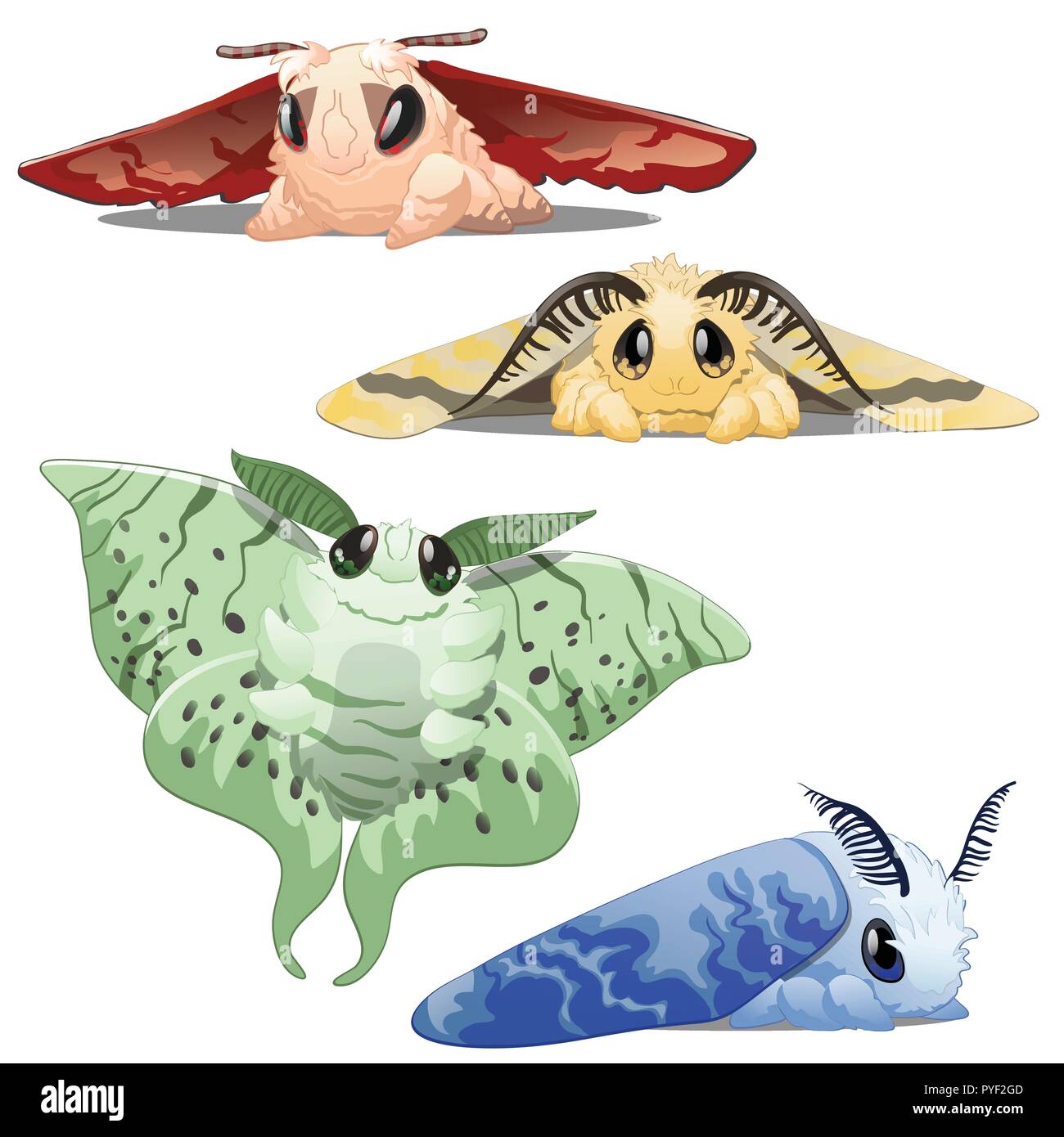 Set Of Cute Colorful Cartoon Animated Silkworm Butterflies Or Domesticated Silkmoth Bombyx Mori