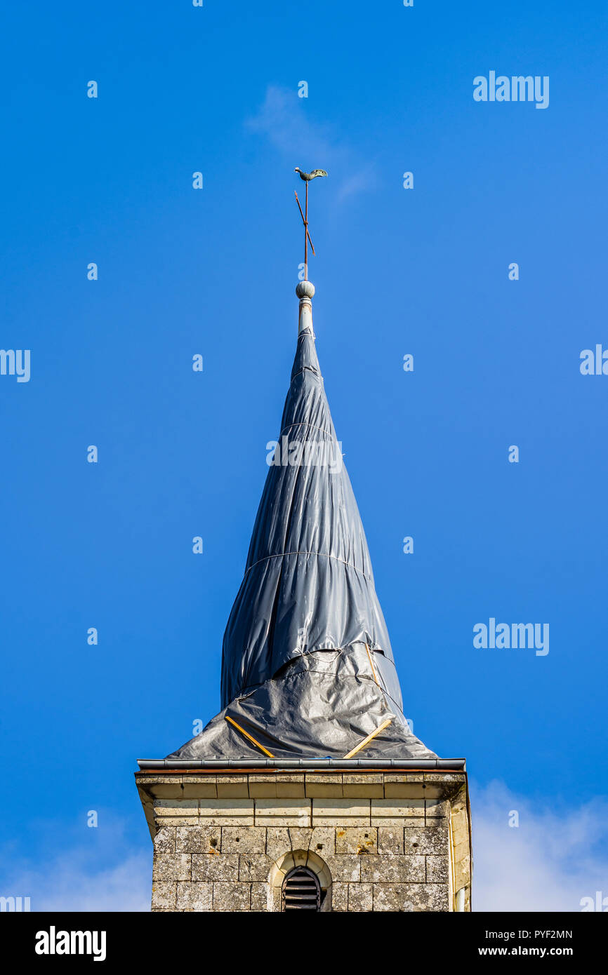 Tarpaulin covered church steeple (after lightning strike) - Boussay ...