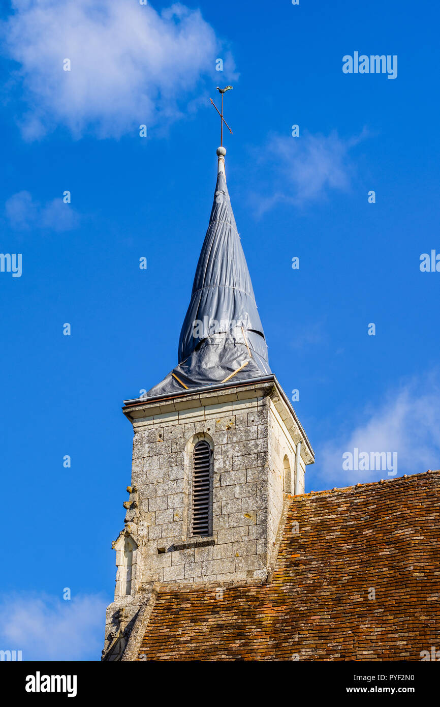 Tarpaulin covered church steeple (after lightning strike) - Boussay ...