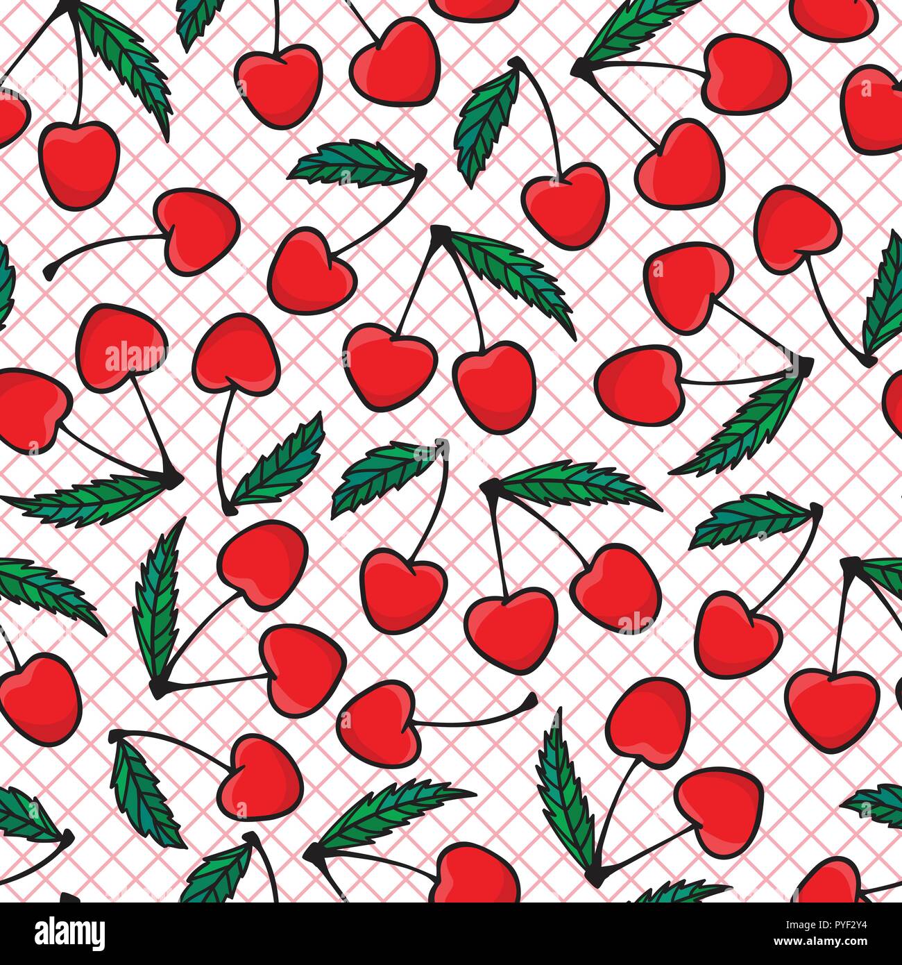 Hand drawing Cherry berry Fashion sketch on the grid seamless pattern ...