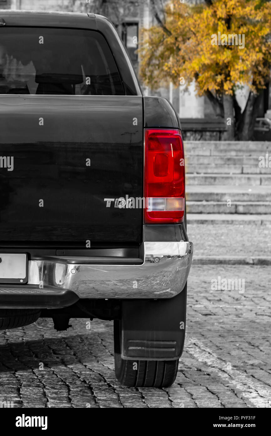 large SUV rear view. against a backdrop of granite steps and wood ...