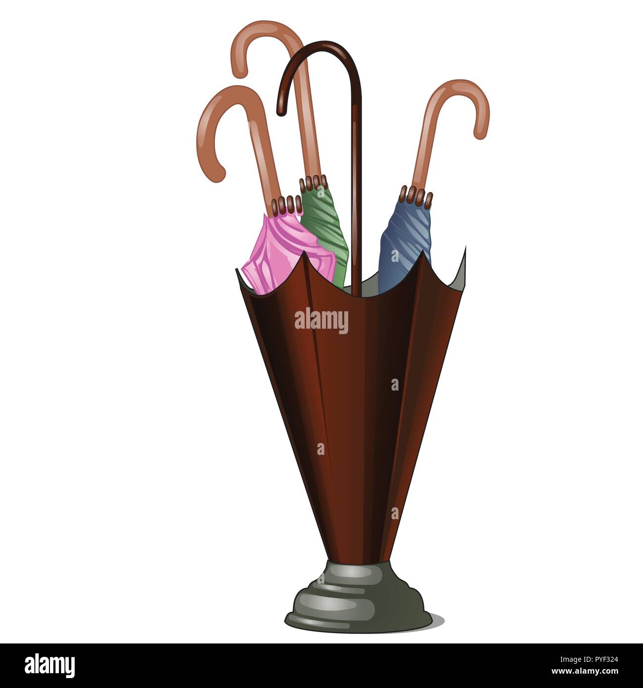 Umbrella stand with colorful umbrellas isolated on white background ...