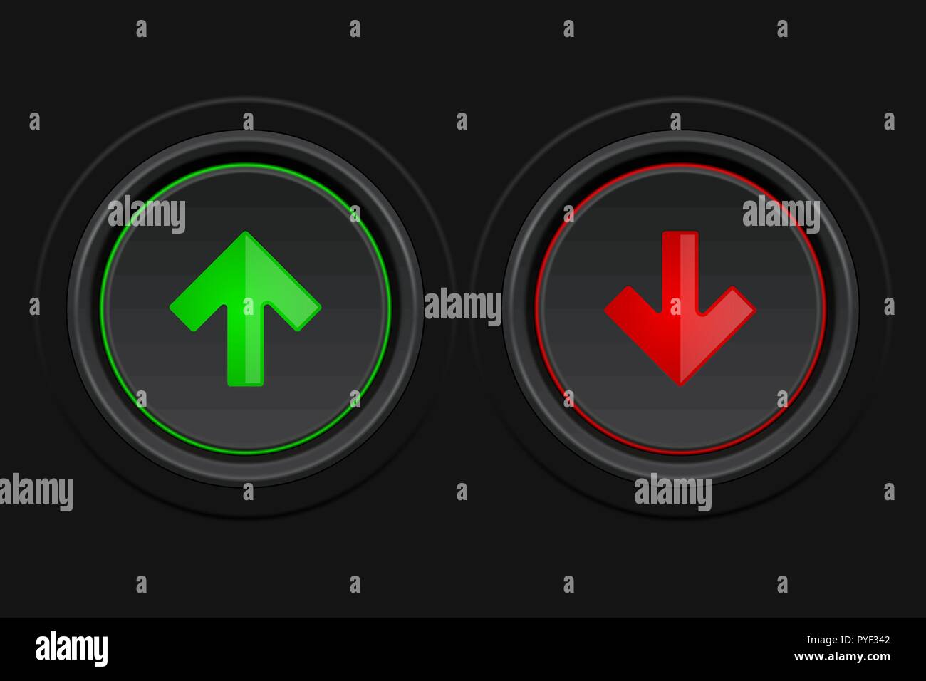 Black round buttons. Green and red arrows as Up and Down symbols Stock ...