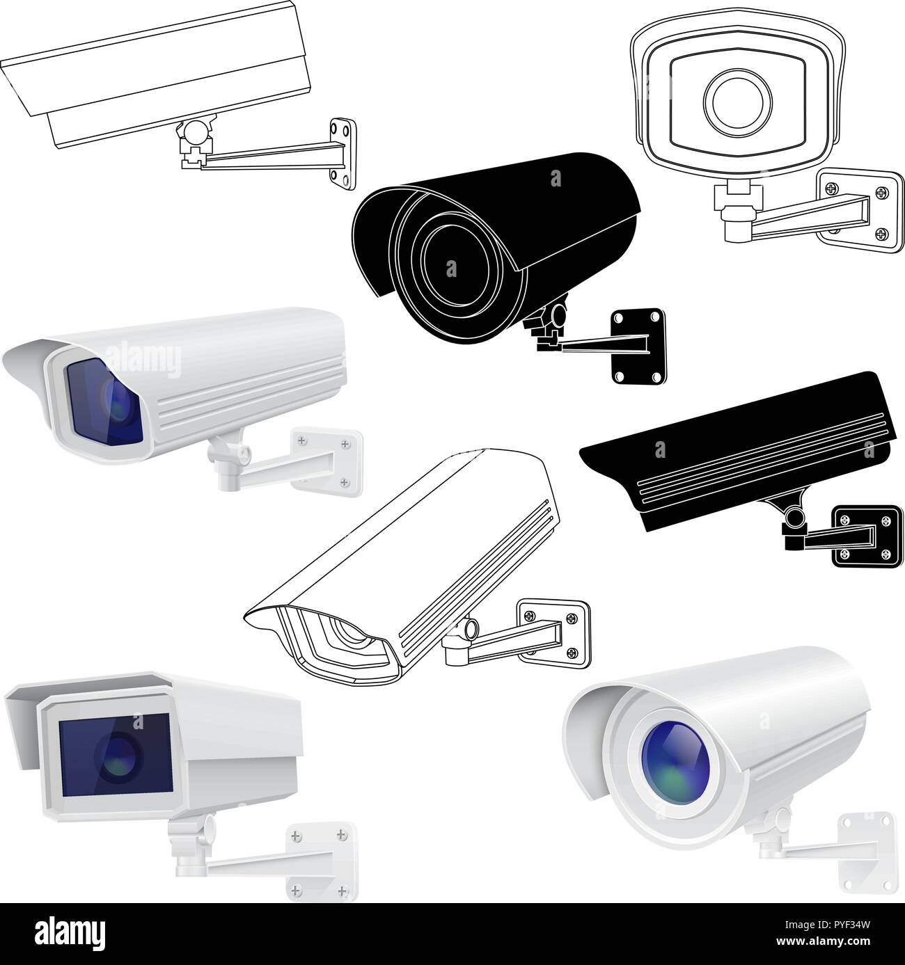 CCTV security camera set. Surveillance devices. 3d and outline drawings ...