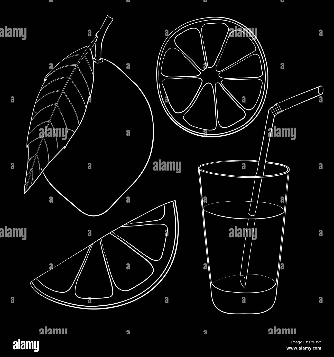 Lemon with leaf, slices and glass of lemonade with drinking straw. Hand drawn sketch Stock ...