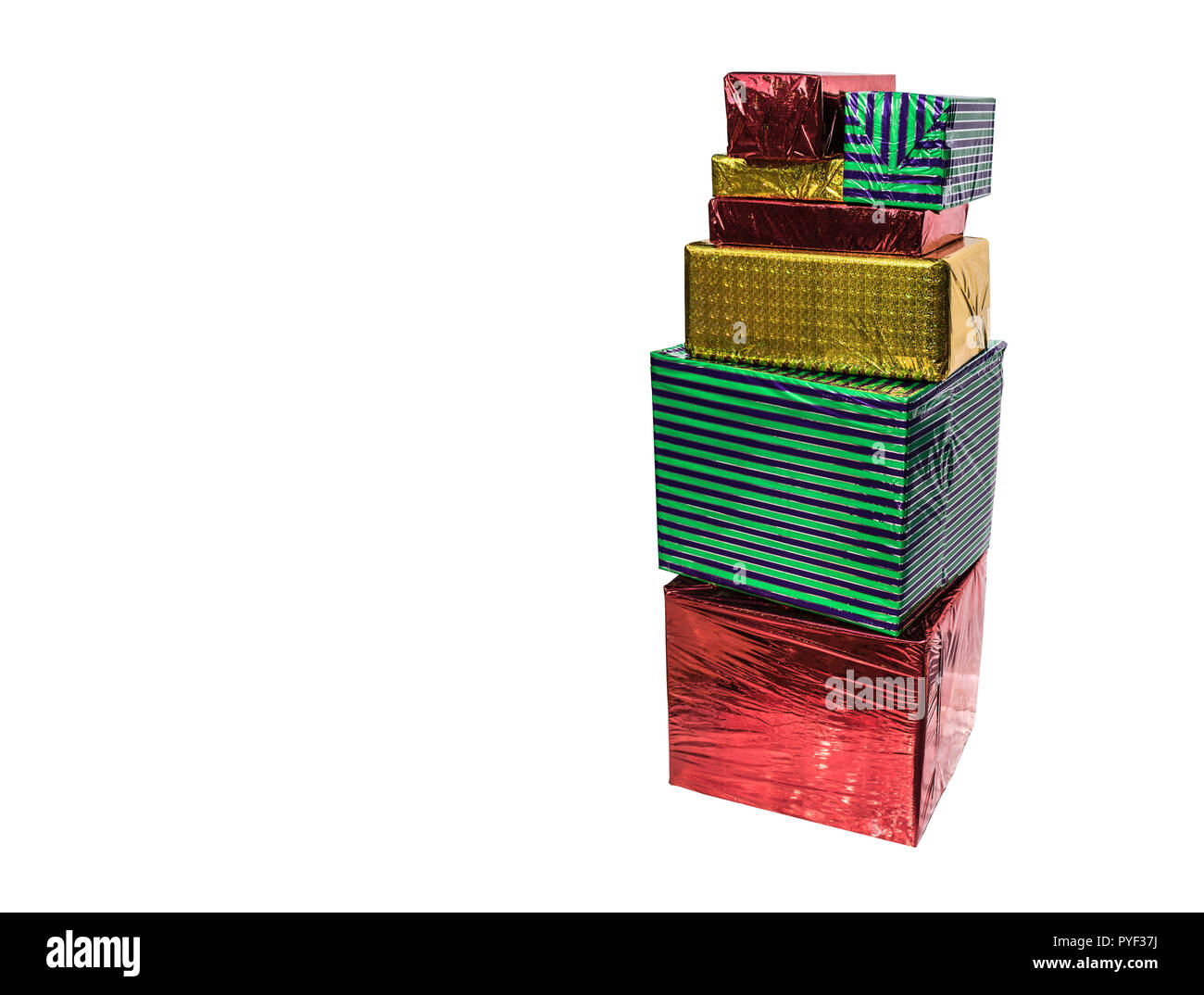Stack of wrapped gift boxes in green, red and gold on a white ...