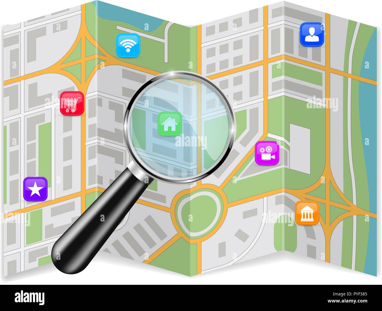 City map with location icons and magnifying glass Stock Vector Image ...