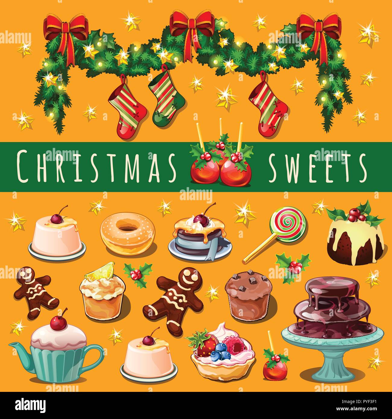 Christmas sketch assembled with abundance of sweets and pastries with ...