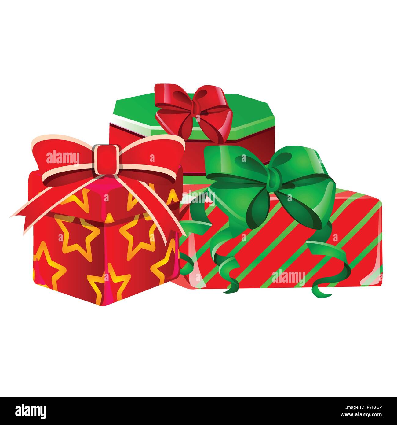 Set of gift boxes with a green and red ribbon with bowknot with wrapped ...