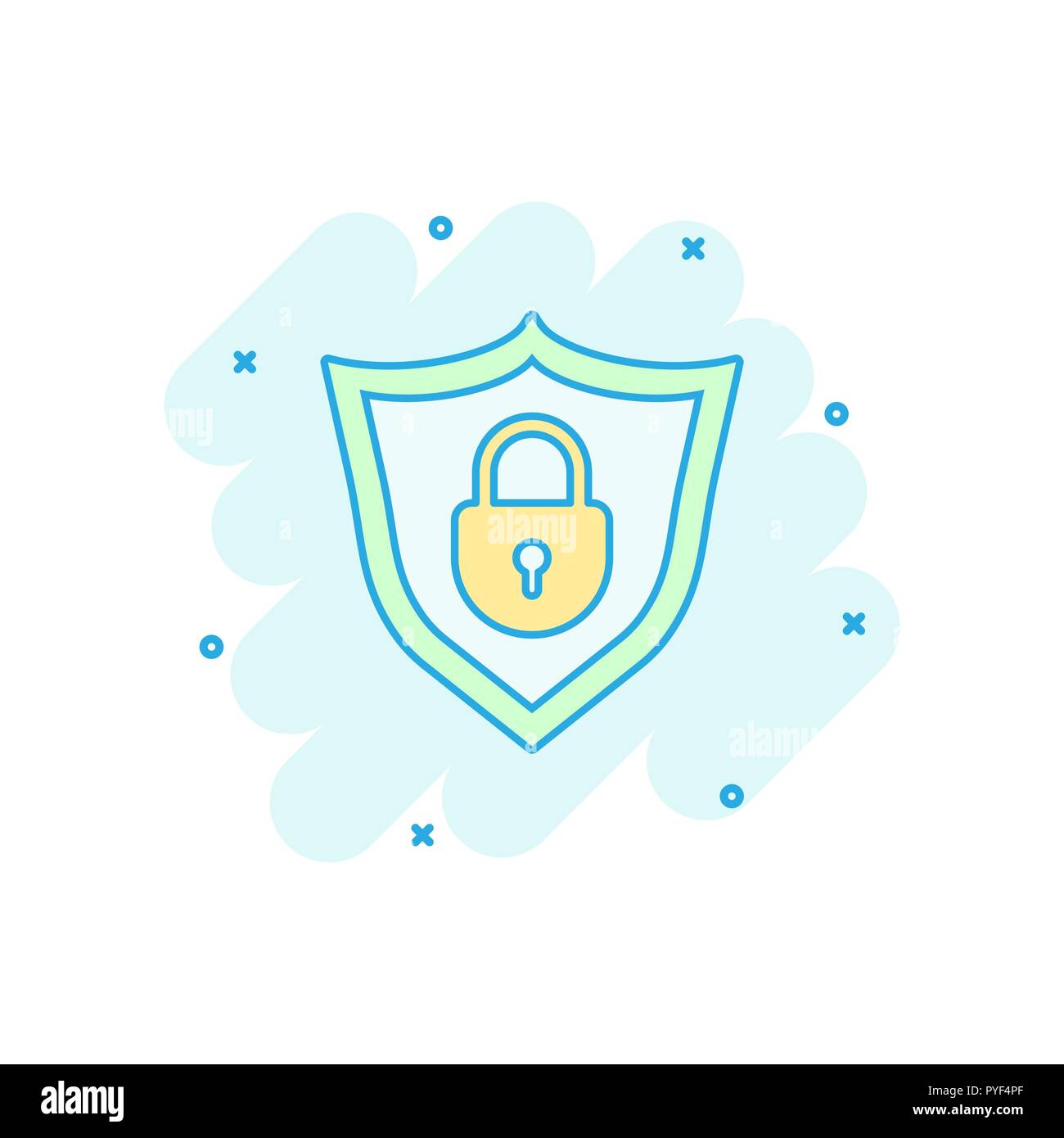 Vector cartoon lock with shield security icon in comic style ...