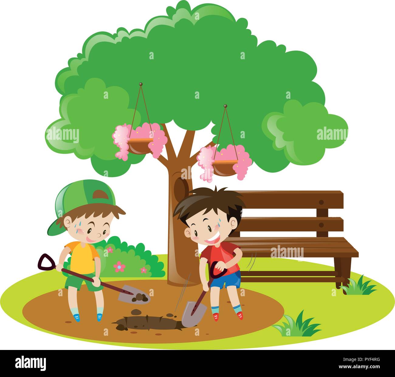Two boys digging hole in garden illustration Stock Vector Image & Art ...