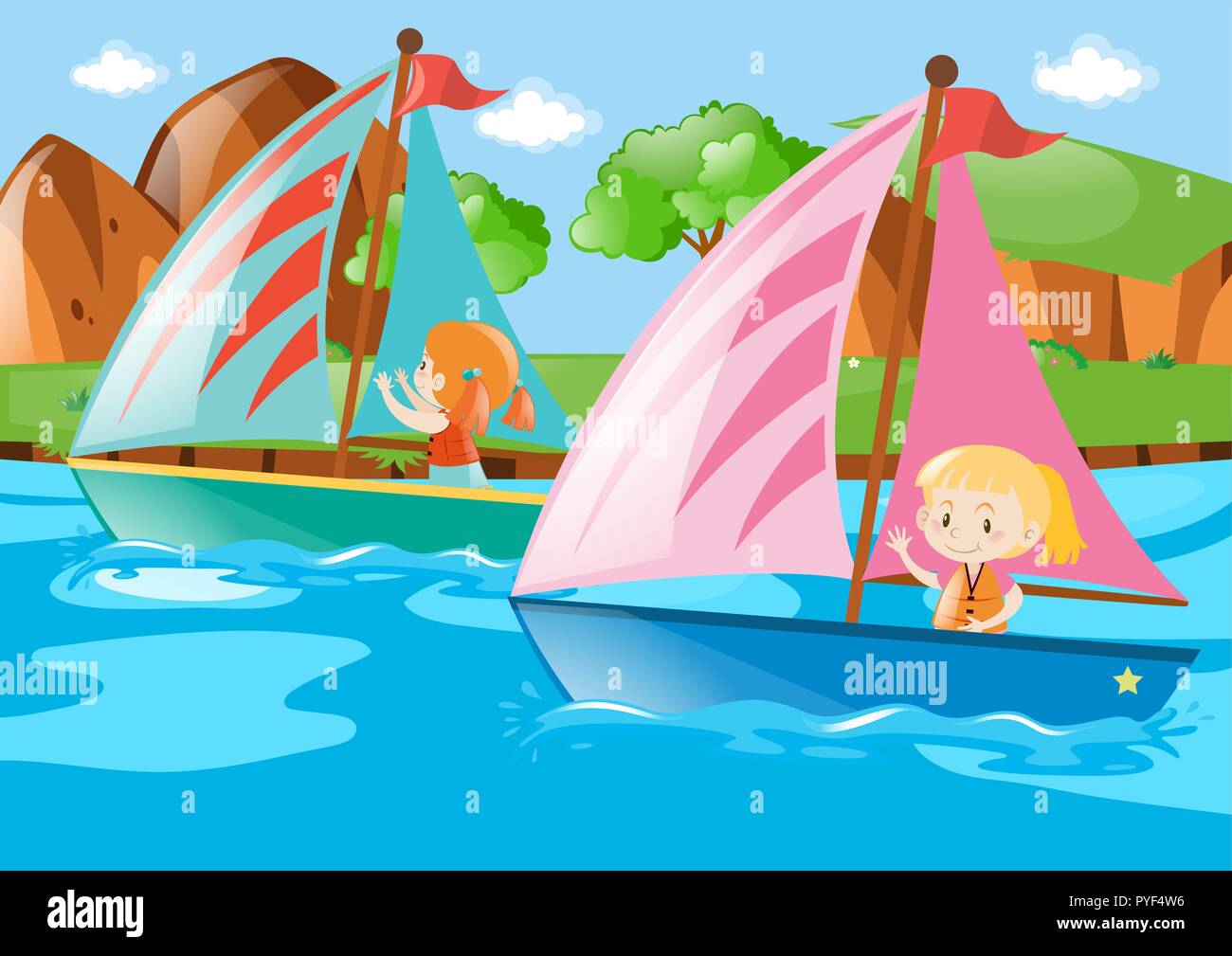 Two girls sailing boat illustration Stock Vector Image & Art - Alamy