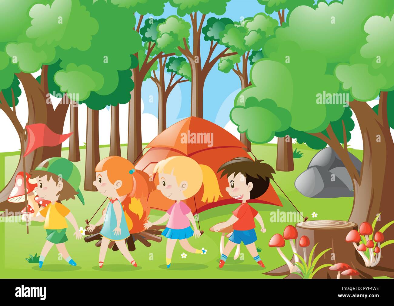 Children camping out in the woods illustration Stock Vector Image & Art ...