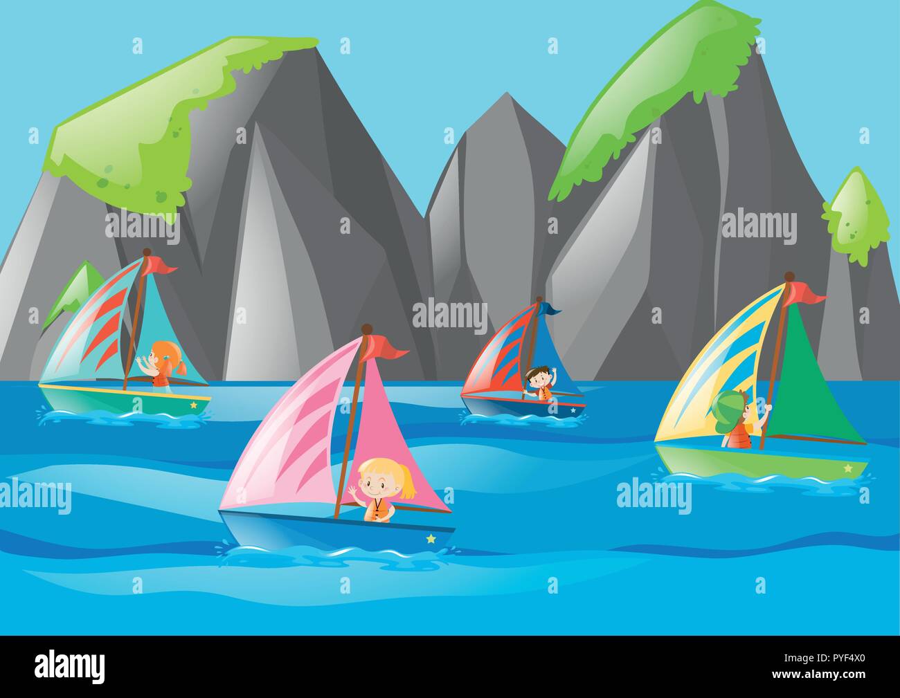 Four kids sailing at sea illustration Stock Vector Image & Art - Alamy