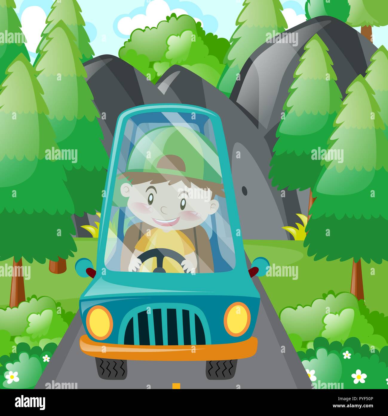 Boy driving in blue car illustration Stock Vector Image & Art - Alamy