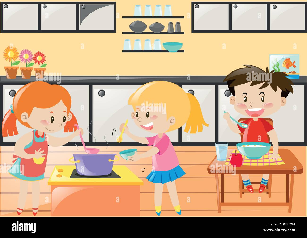 Three kids cooking and eating in kitchen illustration Stock Vector ...
