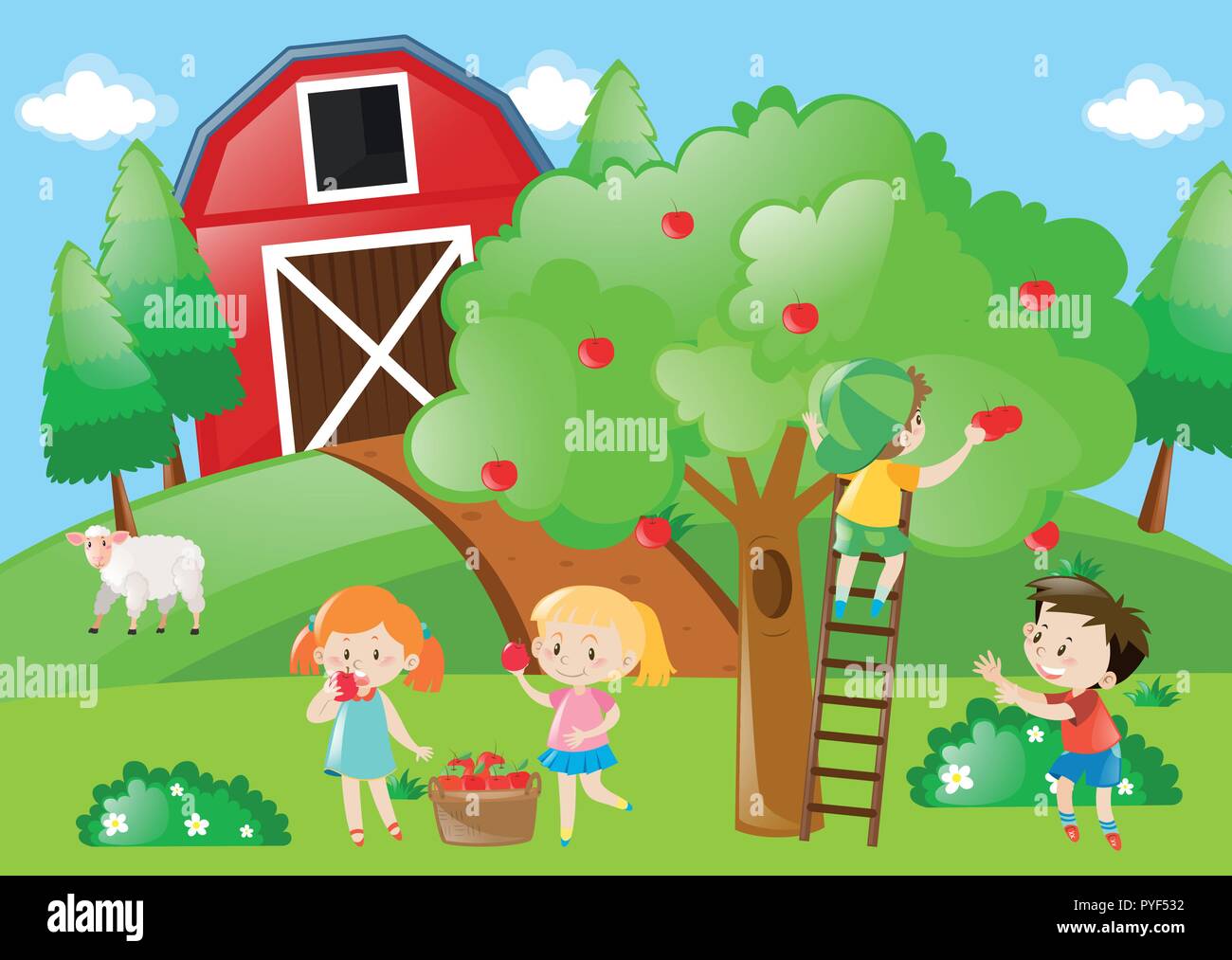Children picking the apples from the tree illustration Stock Vector ...